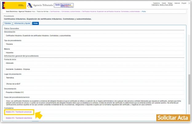 Solicitar modelo 01c hacienda de España | Solicitar Acta